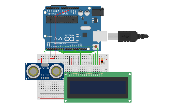 Circuit design Domingo_UltraSonicSensor with LCD | Tinkercad