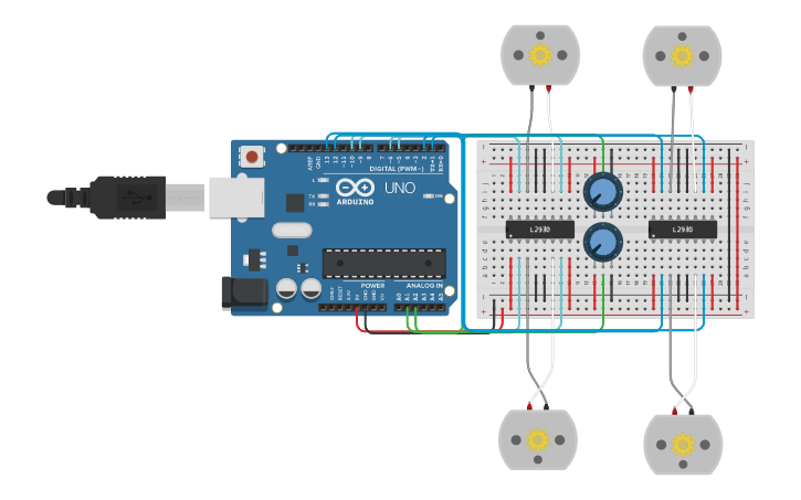 Circuit design ejercicio 9 motores con potenciometro | Tinkercad