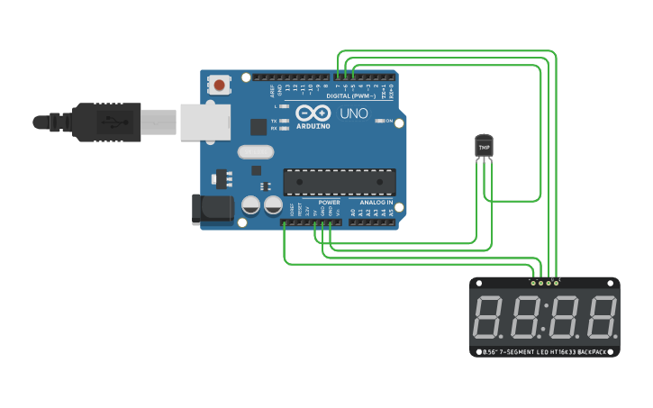 Circuit design TM1637+DHT11 - Tinkercad