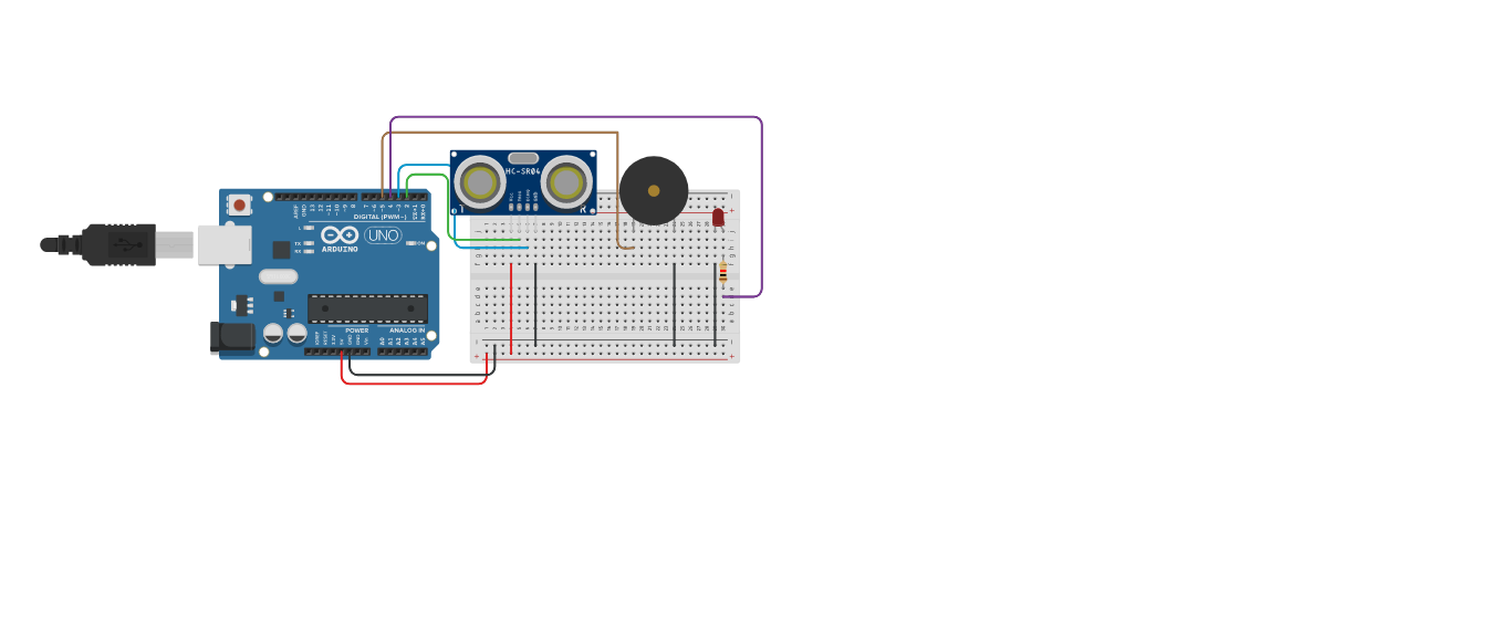 Circuit design manejo de sensor de ultrasonido/zumbador/led | Tinkercad Circuit design manejo de sensor de ultrasonido/zumbador/led | Tinkercad