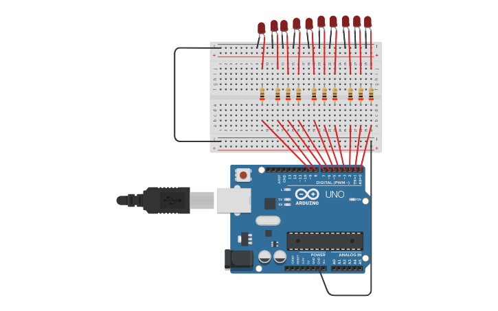 Circuit design Dancing leds - Tinkercad