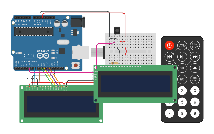 Circuit design LCD + remote control - Tinkercad