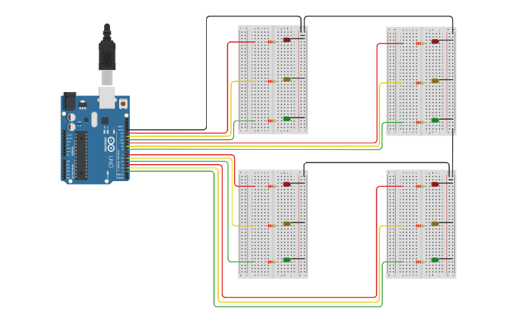 Circuit design 4 synced Traffic Lights - Domenico Lupo | Tinkercad
