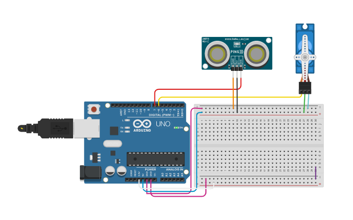 Circuit design Tinkercad: Ultrasonic Sensor and Servo Motor - Tinkercad