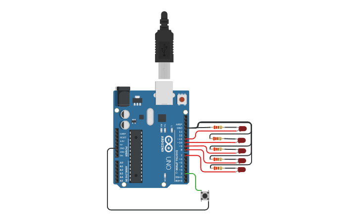 Circuit design Arduino Pulsador Secuencias FUNCIONES (incompleto) - Tinkercad