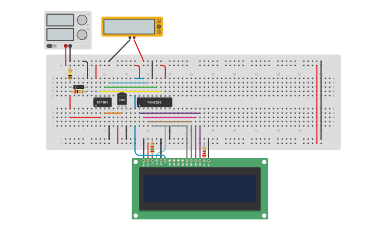 Circuit design ATTiny + Shift Register Thermometer - Tinkercad Circuit design ATTiny + Shift Register Thermometer - Tinkercad