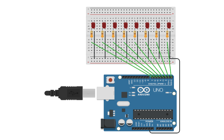 Circuit design Binary LEDs - Tinkercad