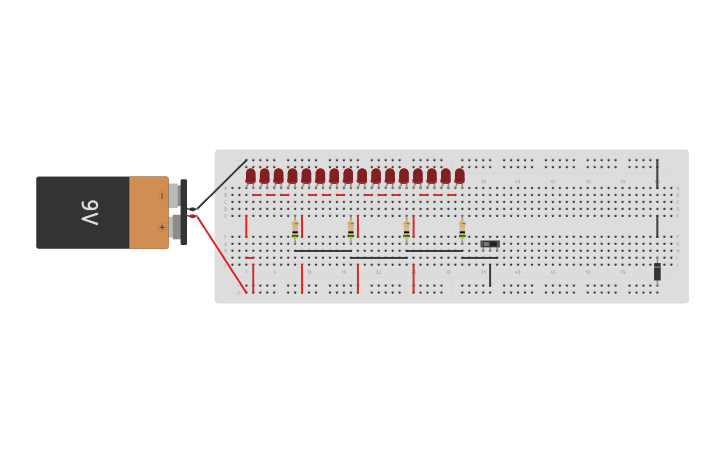 Circuit design 9V battery 16 leds with on/off switch - Tinkercad