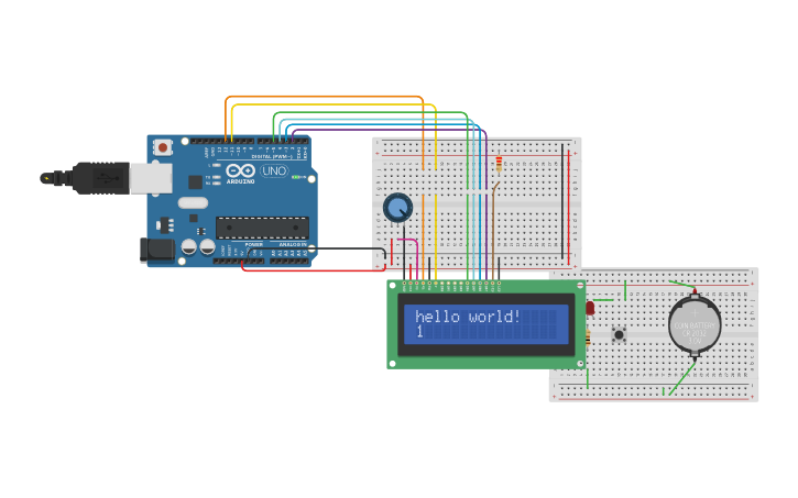 Circuit design Hello world printing on lcd - Tinkercad