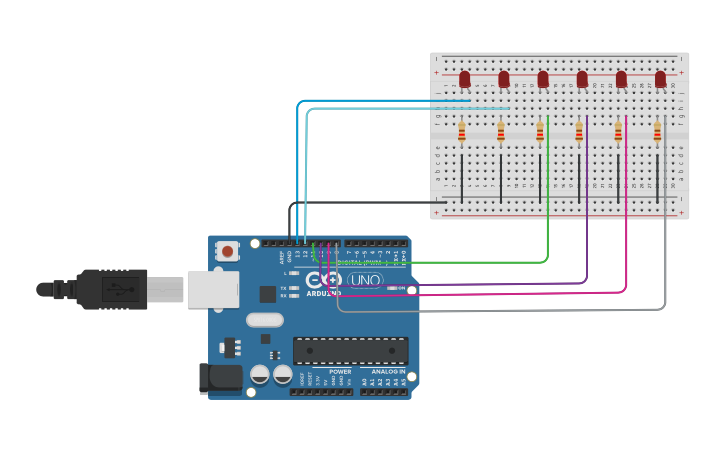 Circuit design CIRCUITO CON SEIS LEDS - Tinkercad