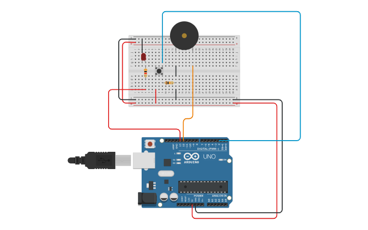 Circuit design pushbutton com led e piezo - Tinkercad