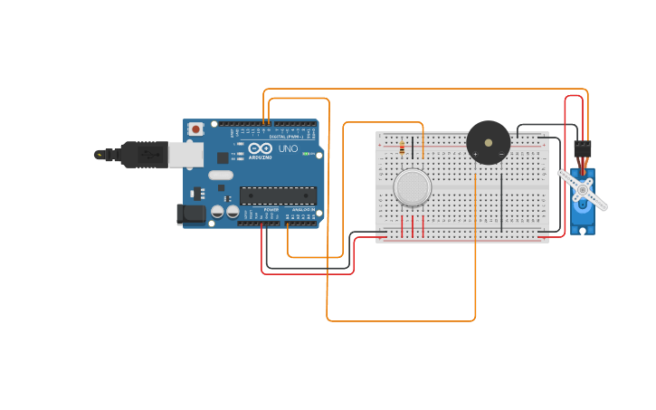 Circuit design Gas Sensor with Buzzer and Servo Motor - Tinkercad