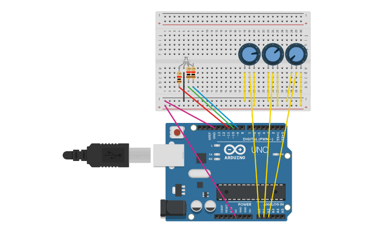 Circuit design Led RGB con Potenciometros - Tinkercad