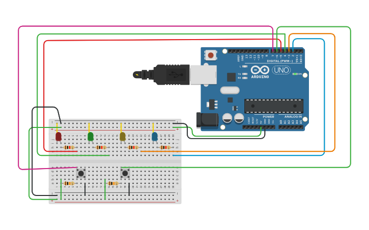 Circuit design LED PATTERN USING 2 SWITCHES - Tinkercad