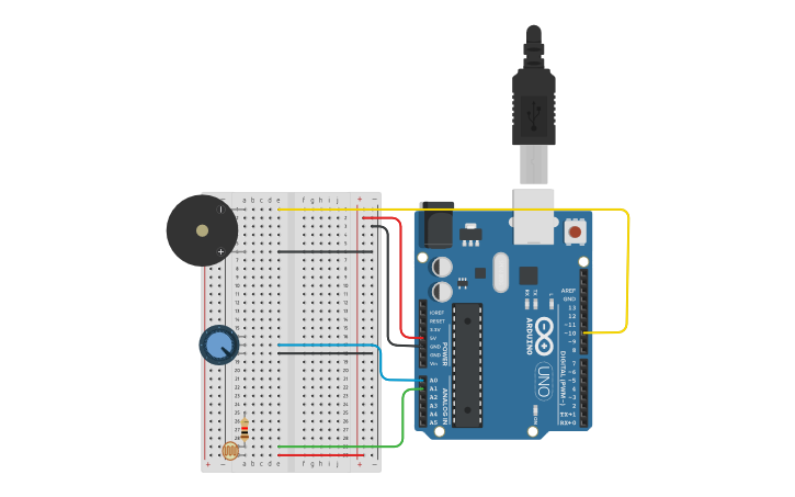 Circuit design potentiometer with Piezo - Tinkercad