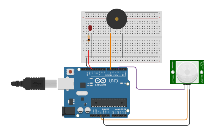 Circuit design Sensor Movimiento(PIR), buzzer y led - Tinkercad