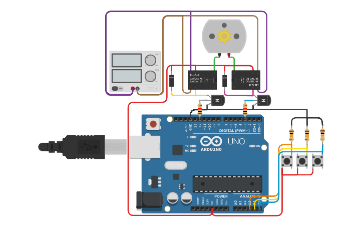 Circuit design Controle de motor (Ponte H com relé-Hardware) - Tinkercad