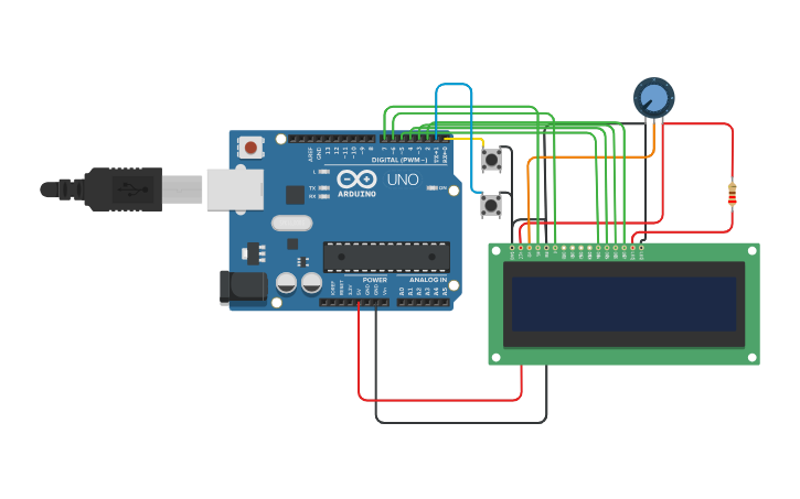 Circuit design Copy of LCD CLOCK with buttons - Tinkercad
