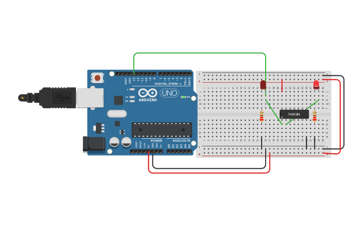 Circuit design Compuertas NOT (74HC04) - Tinkercad