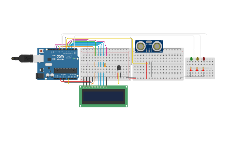 Circuit design Sensore di temperatura, sensore di distanza e schermo LCD | Tinkercad