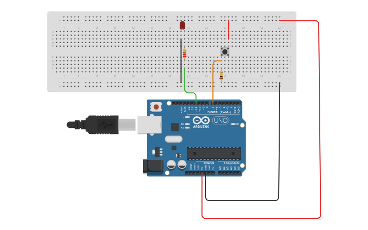 Circuit design bir buton bir led | Tinkercad