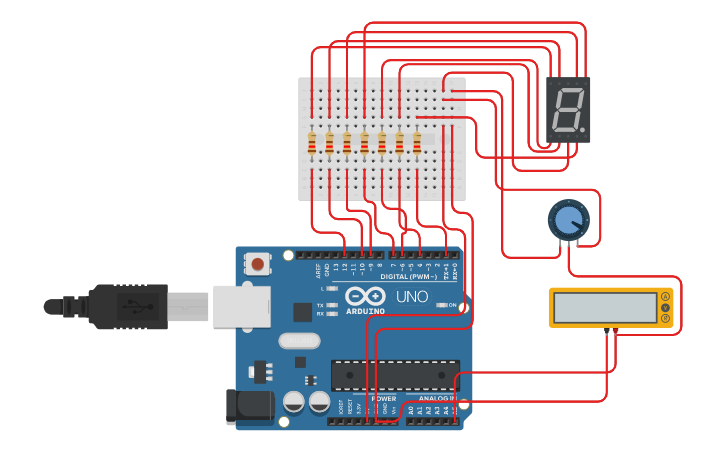 Circuit design Display a 7 segmenti comandato dal potenziometro. - Tinkercad