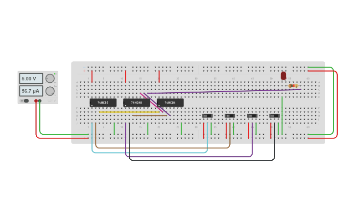 Circuit design (A XOR B)' . (C . D)' - Tinkercad