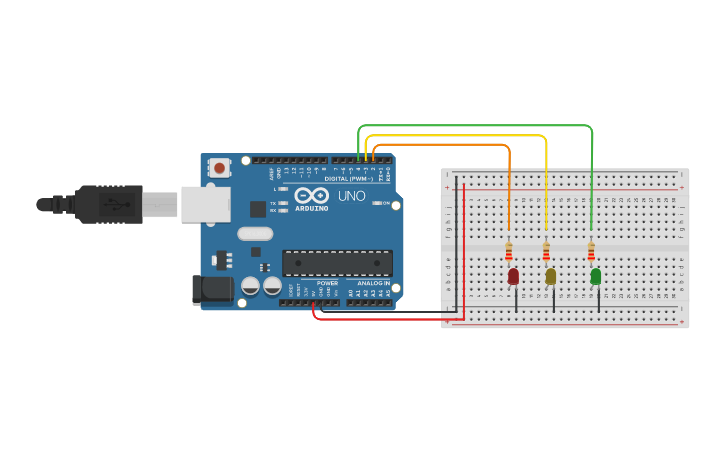 Circuit design Semáforo. 3 LEDs controlados por Arduino UNO - Tinkercad
