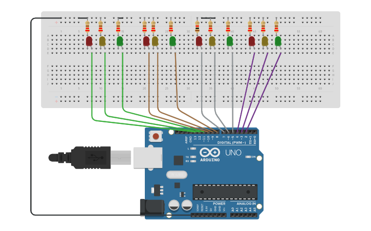 Circuit design semáforo 4 vías - Tinkercad
