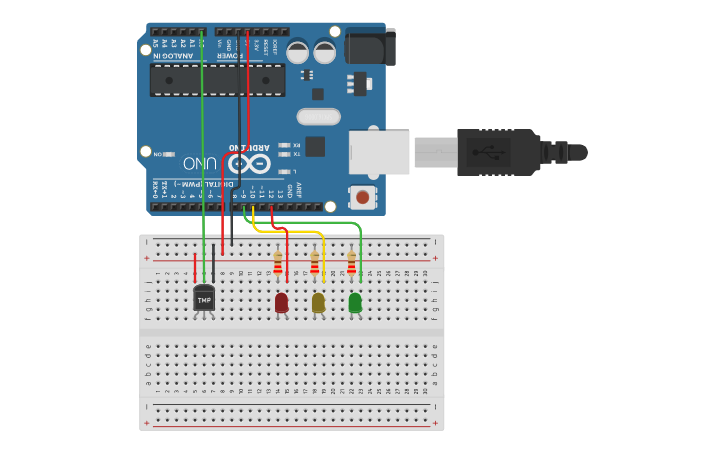 Circuit design termoresistenza con 3 led | Tinkercad