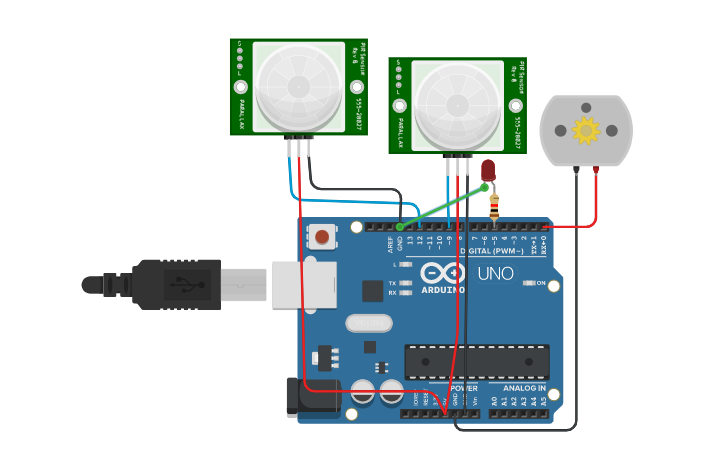 Circuit design Escalator avec deux détecteurs de mouvement | Tinkercad