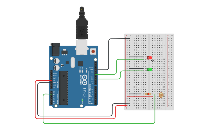 Circuit design FOTORRESISTENCIA CON LEDS - Tinkercad