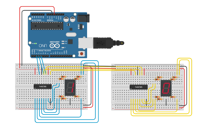 Circuit design 七段顯示器74595 串聯 - Tinkercad