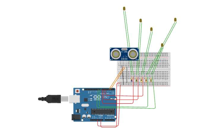 Circuit design sistema de leds com hc-sr04 - Tinkercad