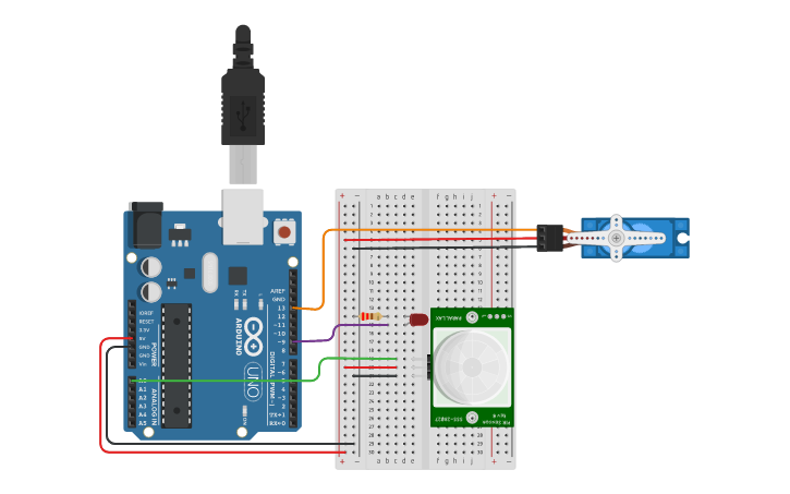 Circuit design P7: PIR + Servomotor + LED - Tinkercad