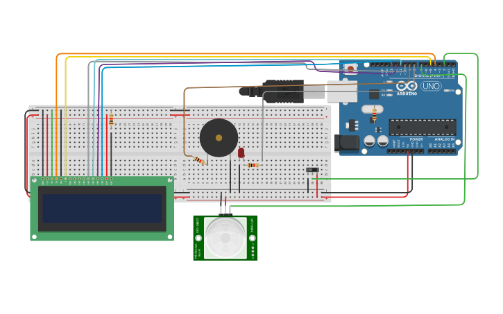 Circuit design LCD-BUZZER-LED-PIR-INTERRUPTOR - Tinkercad