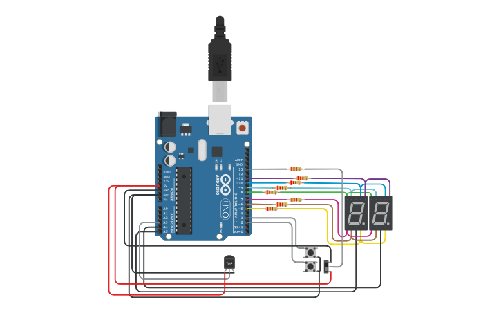 Circuit design seven-segment count part2 - Tinkercad