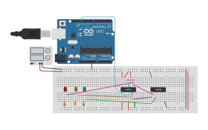 Circuit design exp6 Traffic light system using D flip flop - Tinkercad