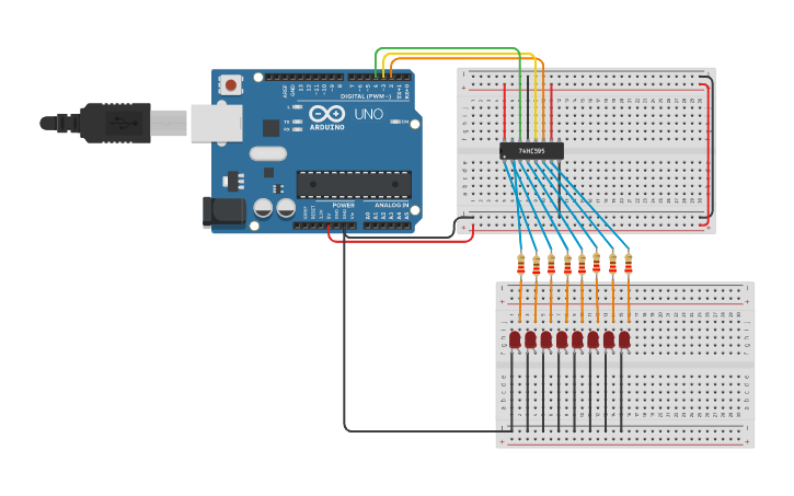 Circuit design 74HC595 IC Led effects - Tinkercad