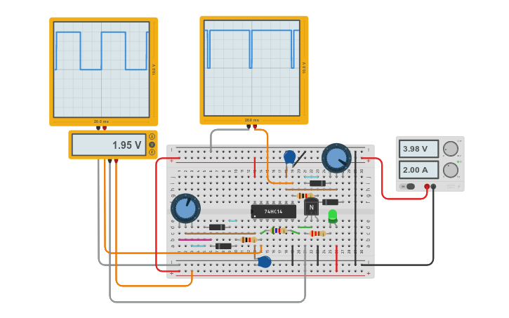 Circuit design Double PWM with 74HC14 (Schmitt Trigger) - Tinkercad