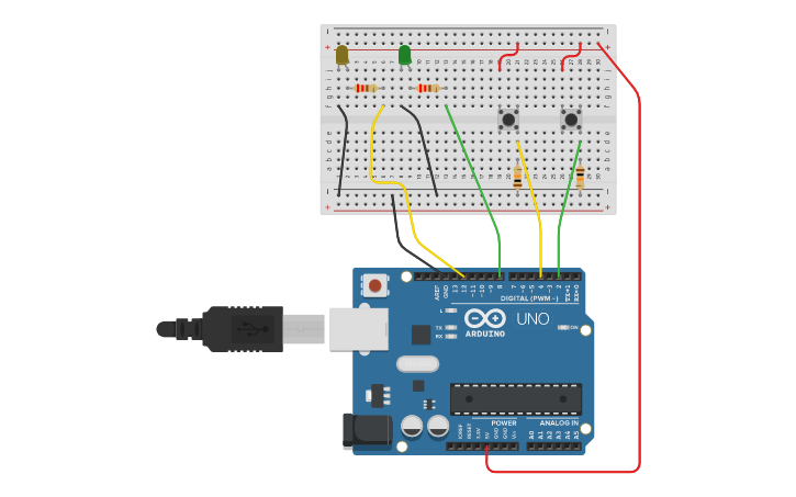 Circuit design Two LEDs and two Push Buttons - Tinkercad