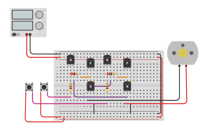 Circuit design Puente H con transistores NPN y PNP - Tinkercad