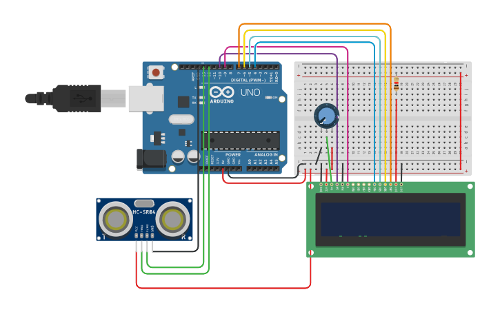 Circuit design 超音波+LCD數位量尺 - Tinkercad