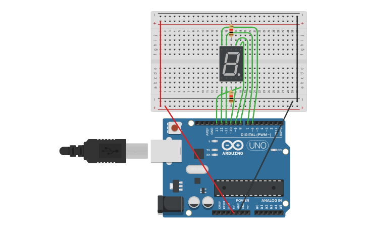 Circuit design DISPLAY ANODO COMUN DE 7 SEGMENTOS - Tinkercad