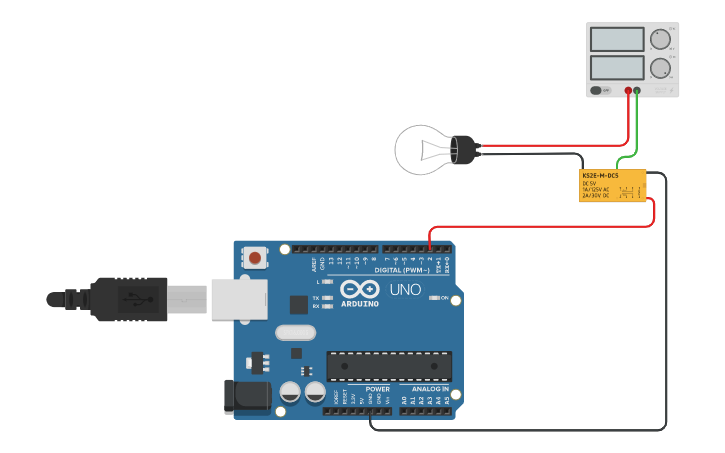 Circuit design Ejercicio con relé y bombilla - Tinkercad