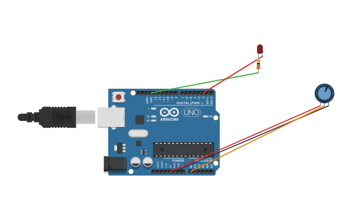 Circuit design Práctica 3 Intensidad de LED con potenciómetro - Tinkercad