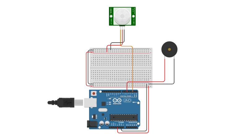 Circuit design sensor con alarma basica - Tinkercad