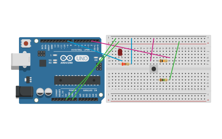 Circuit design Button handles LED via Interrupt - Tinkercad