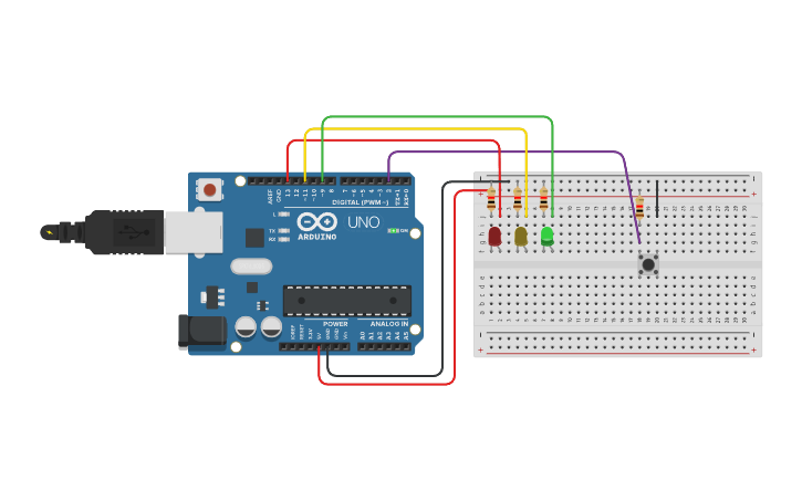 Circuit design button traffic light - Tinkercad
