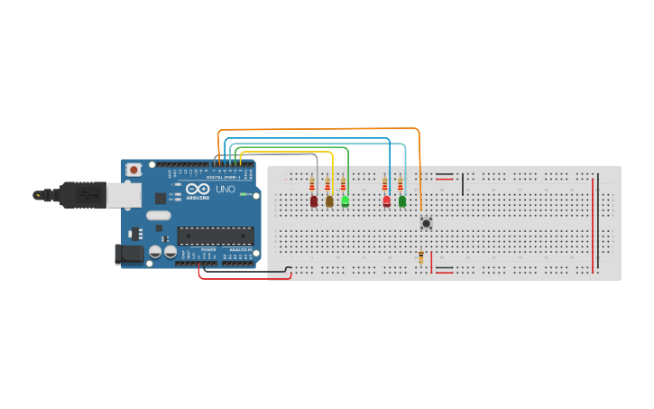 Circuit design semáforo con pulsador | Tinkercad